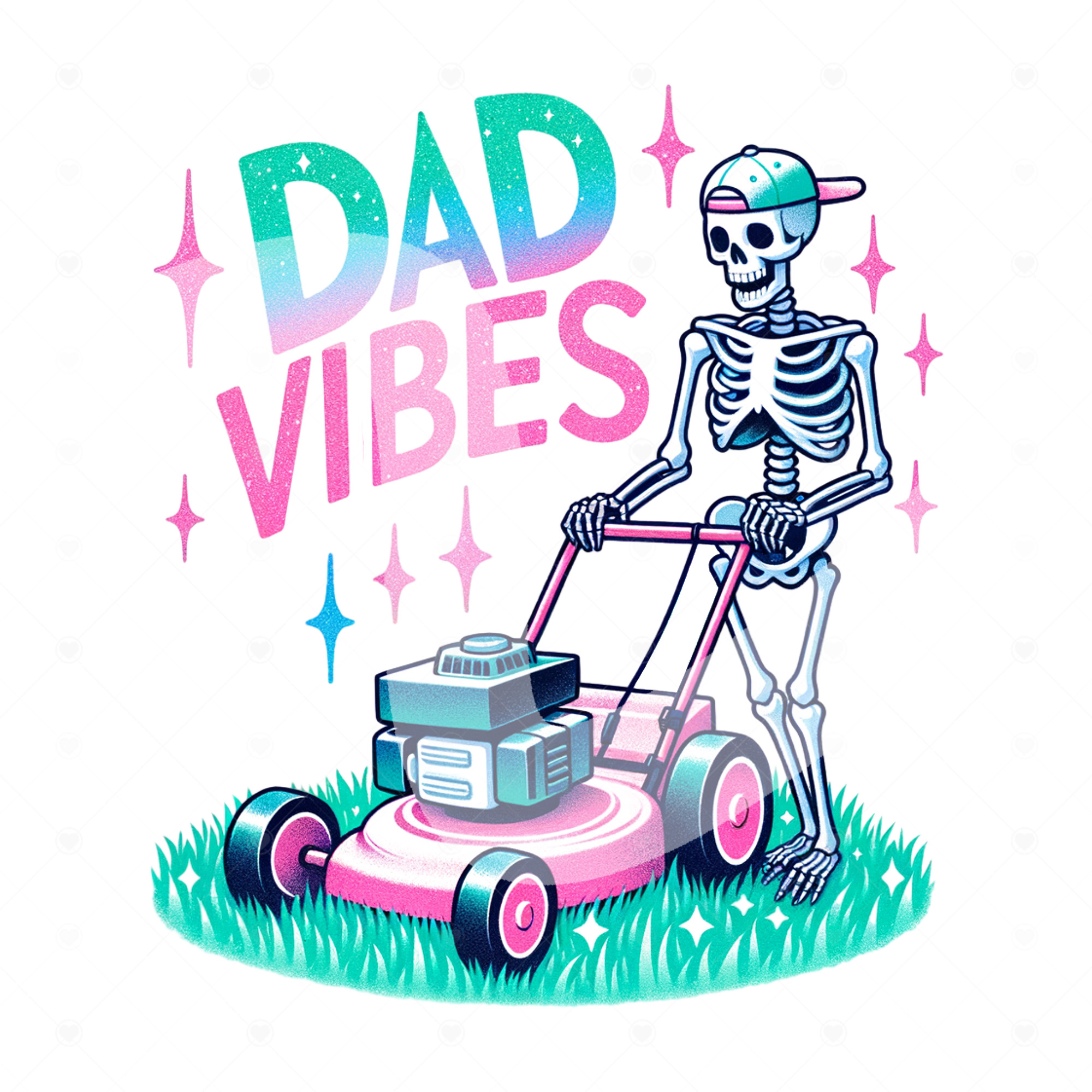 'Dad Vibes' Skeleton Mowing Lawn in Vibrant Retro-Style Illustration ...