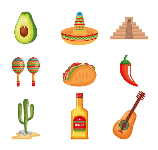 Vibrant Mexican Culture Icons: Avocado, Sombrero, Pyramid, Maracas ...