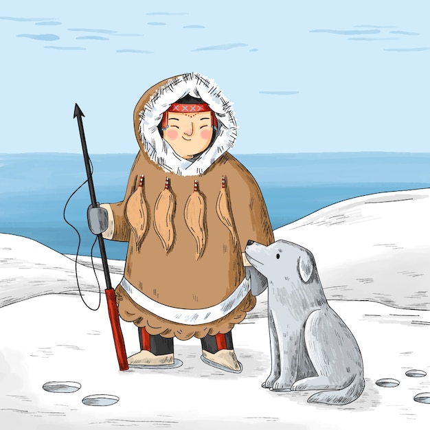 Inuit Explorer and Loyal Companion in Snowy Landscape | Jiffy Designs