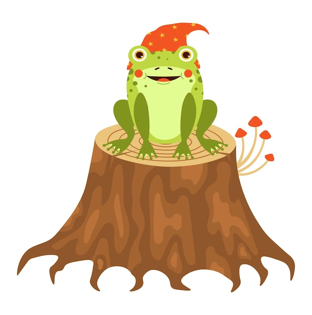 Cheerful Green Frog Perched on Mushroom-Topped Tree Stump | Jiffy Designs