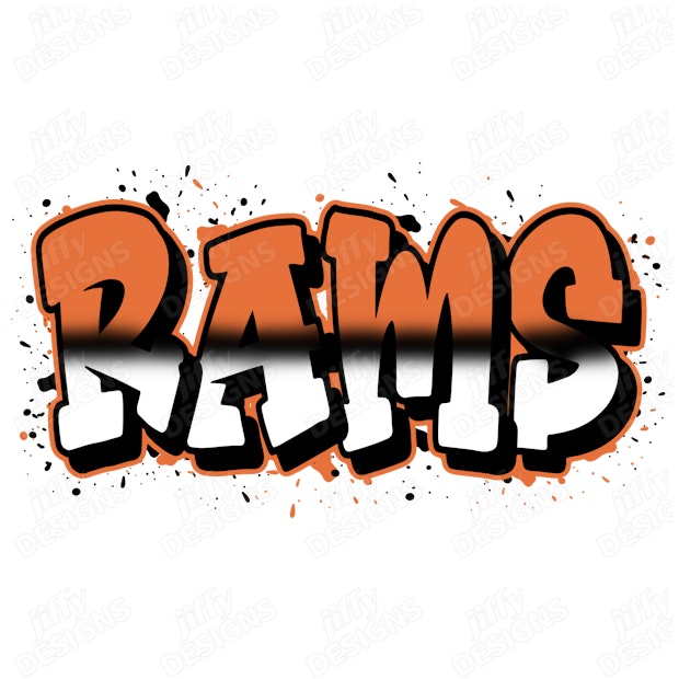 'Rams' Bold Graffiti-Style Lettering with Dynamic Orange and Black Splatter | Jiffy Designs
