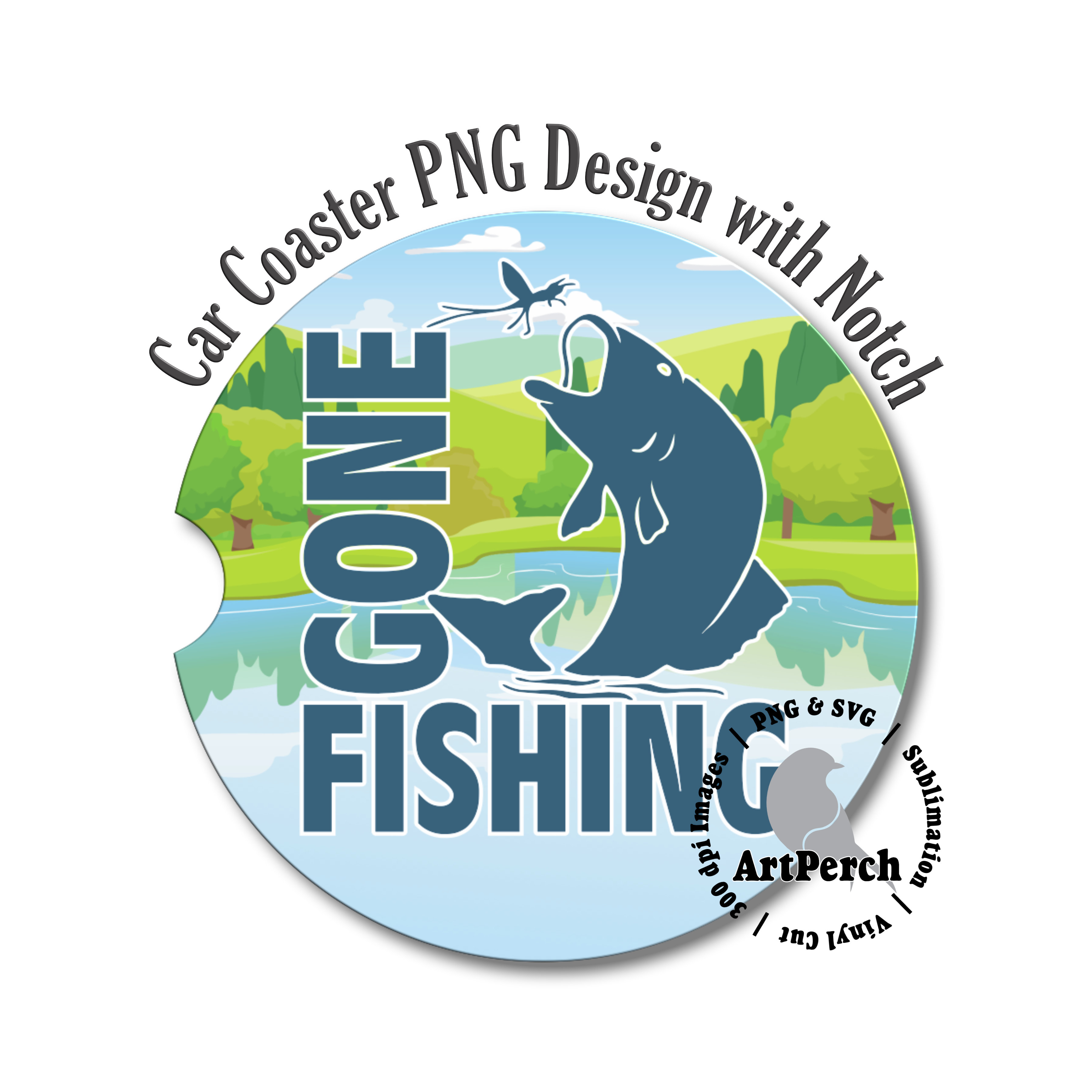 'Gone Fishing' Playful Cartoon Scene with Leaping Fish and Vibrant ...