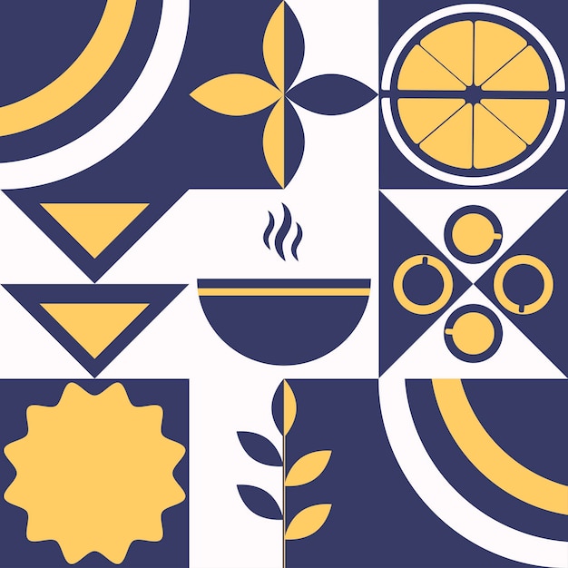 Vibrant Geometric Shapes and Citrus Motifs in Navy and Gold | Jiffy Designs