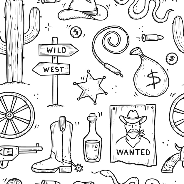 Iconic Wild West Symbols in Seamless Black and White Pattern | Jiffy ...