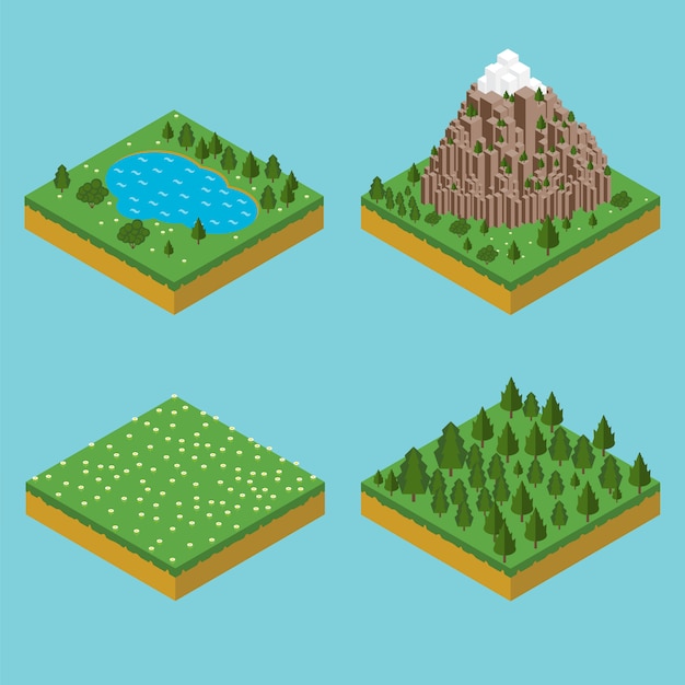 Vibrant Isometric Landscapes: Lush Forests, Mountains, and Serene Lakes ...