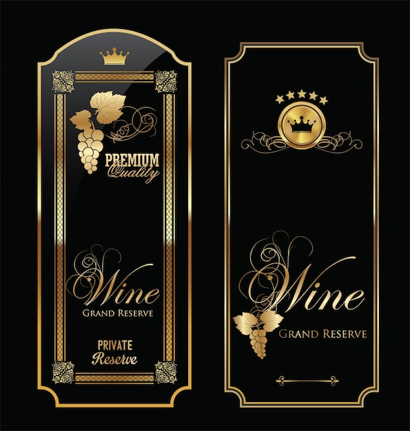 Elegant Golden Embellished Wine Labels with Grape Motifs | Jiffy Designs