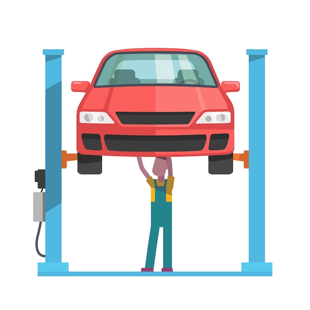 Mechanic Repairing Raised Red Sedan in Auto Shop | Jiffy Designs