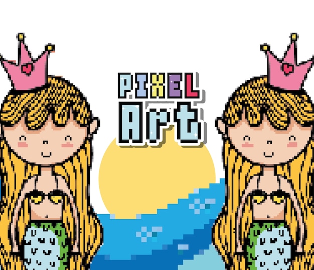 Enchanting Pixel Art Mermaids in Vibrant Underwater Scene | Jiffy Designs