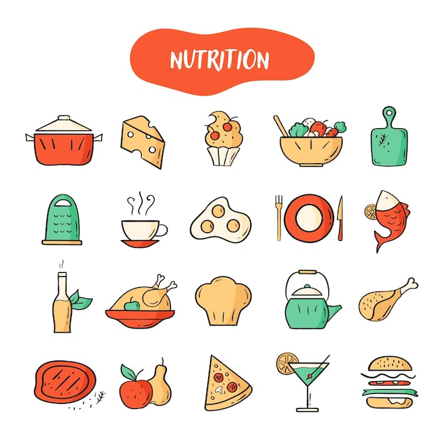 Vibrant Collection of Nutrition-Themed Icons Depicting Diverse Food and ...