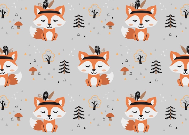 Charming Woodland Fox Pattern with Mushrooms and Trees | Jiffy Designs