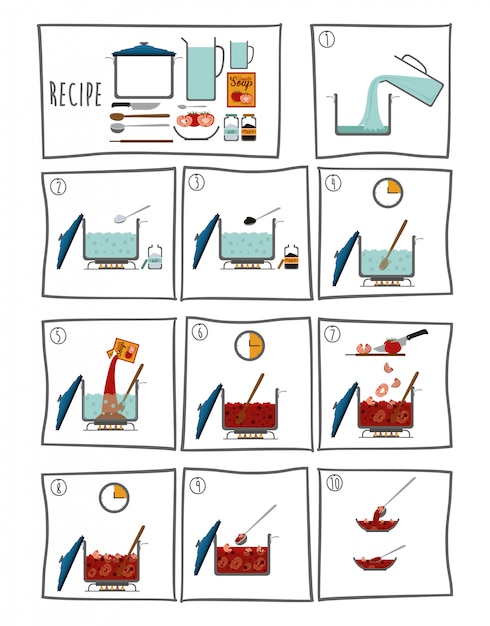 Illustrated Cooking Steps Collection with Kitchen Utensils and ...