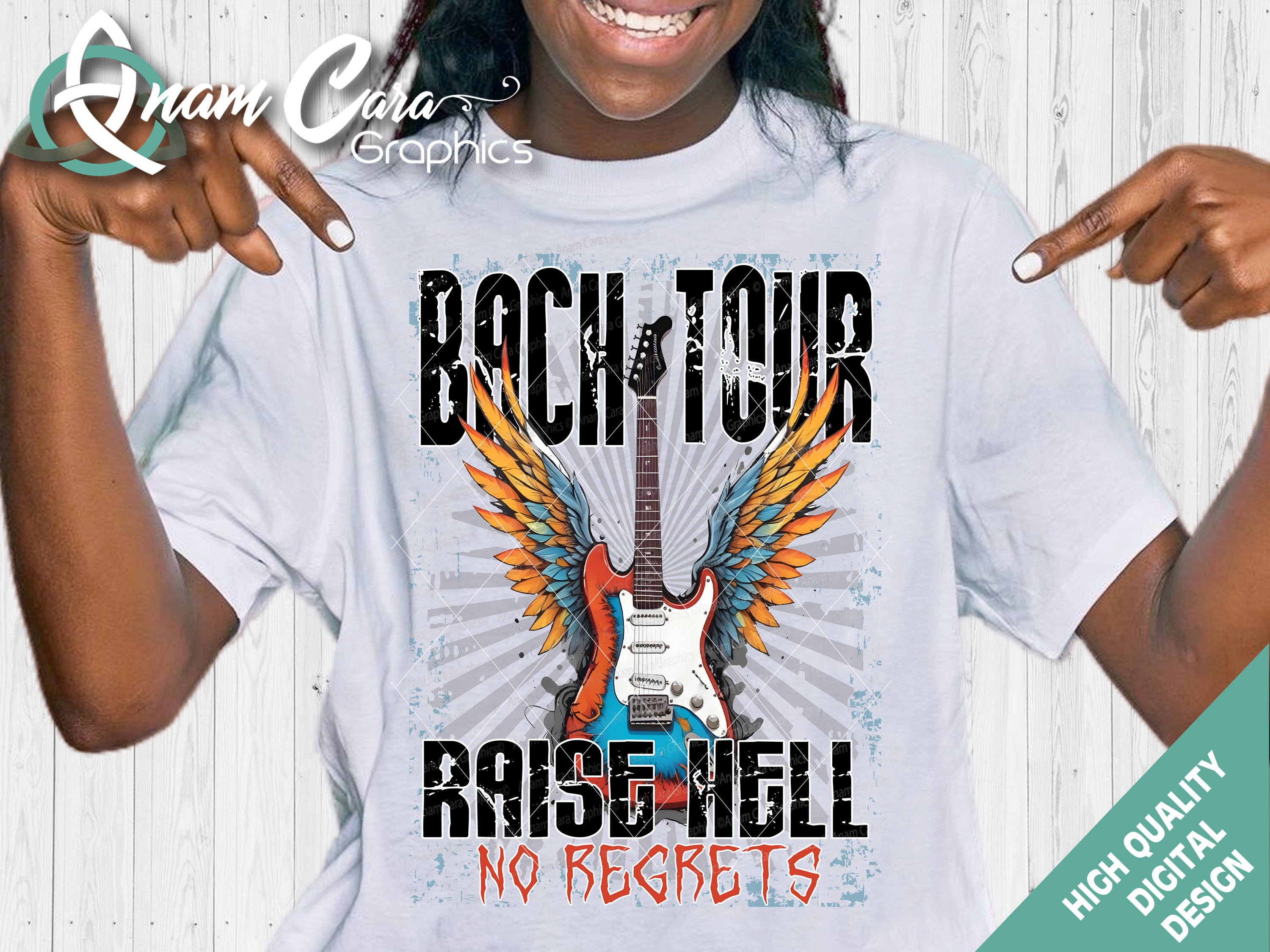 'Rock Tour Raise Hell No Regrets' Bold Typography with Winged Electric ...