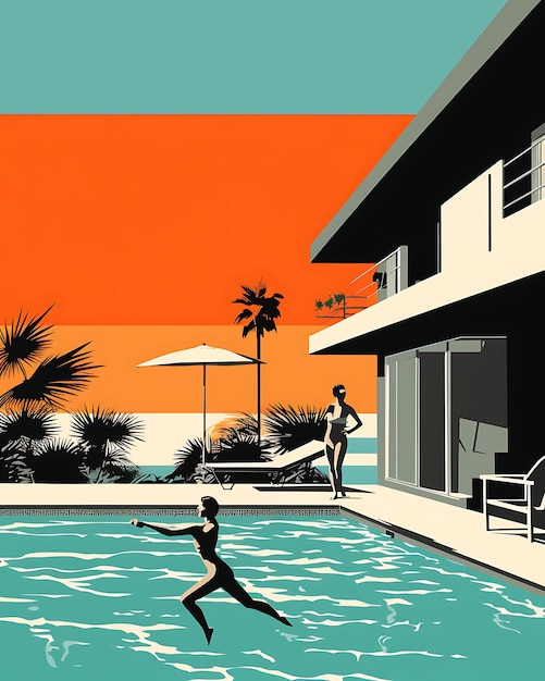 Retro Pool Party Oasis: Vibrant Poolside Scene with Palm Trees | Jiffy ...