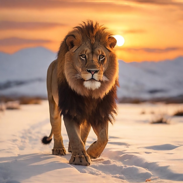 Majestic Lion Prowling Through Snowy Desert at Sunset | Jiffy Designs