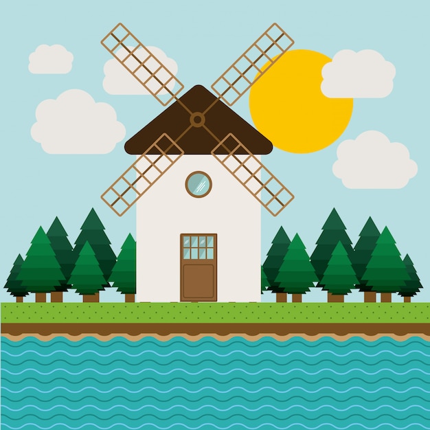Windmill House Illustration with Sun, Trees and Water Scene | Jiffy Designs
