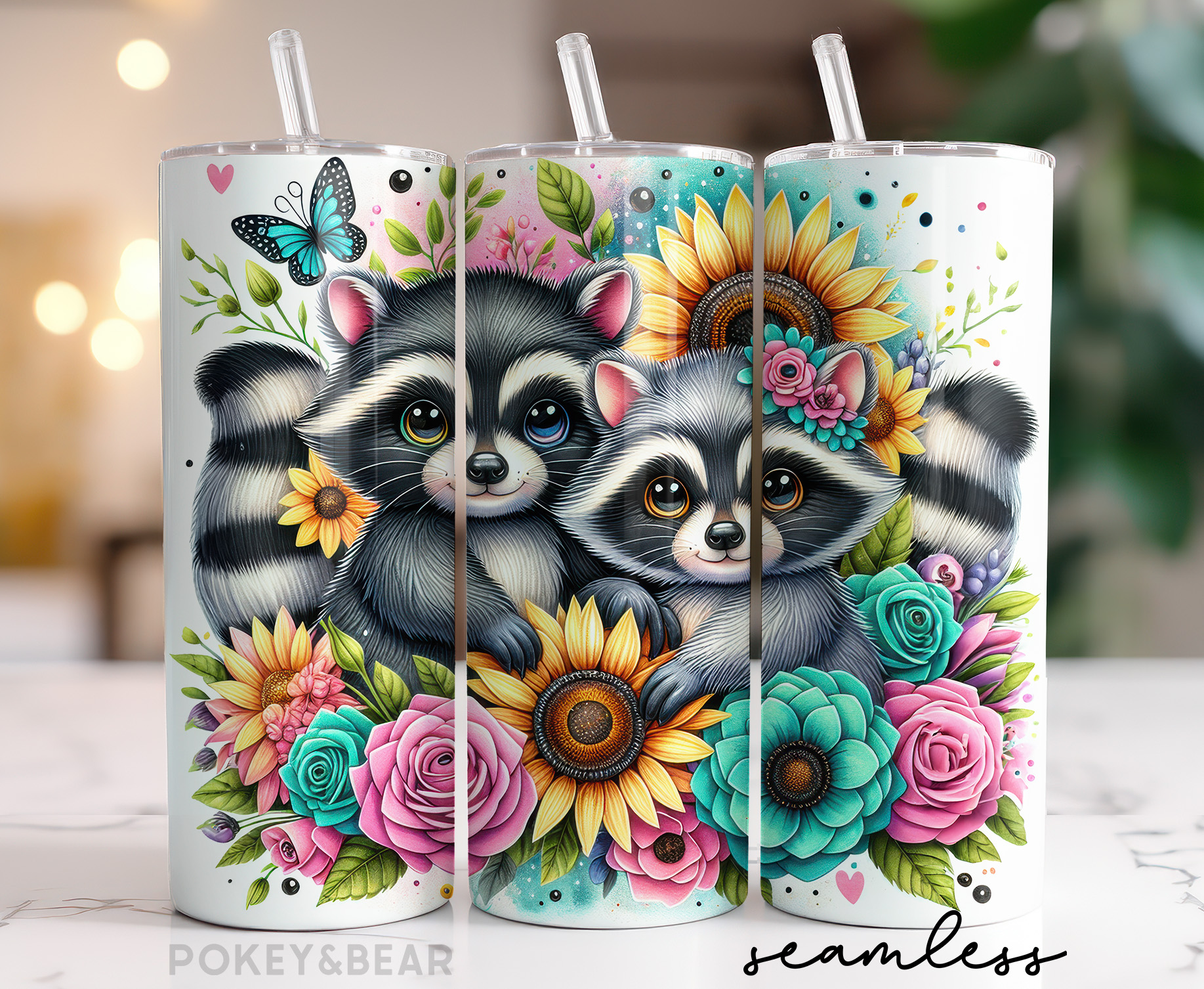 Whimsical Raccoon Duo Amidst Vibrant Floral Wonderland | Jiffy Designs