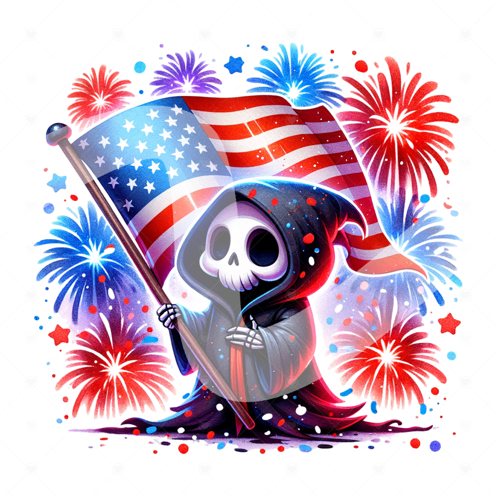 Patriotic Reaper Waving American Flag Amidst Vibrant Fireworks Display ...