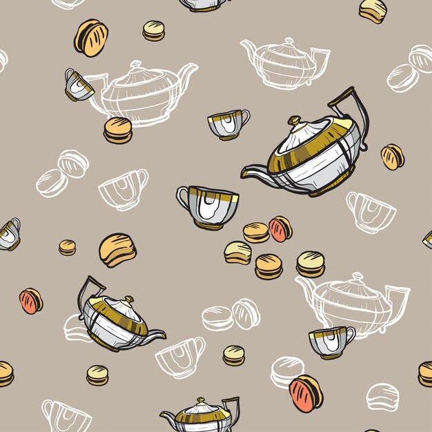 Delightful Tea Time Pattern with Teapots and Macarons | Jiffy Designs