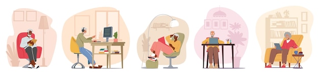 Diverse Collection of Vibrant Illustrations Depicting Remote Work and ...
