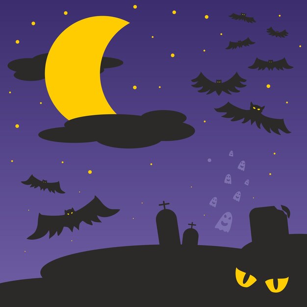 Spooky Night Sky with Crescent Moon and Silhouetted Bats | Jiffy Designs
