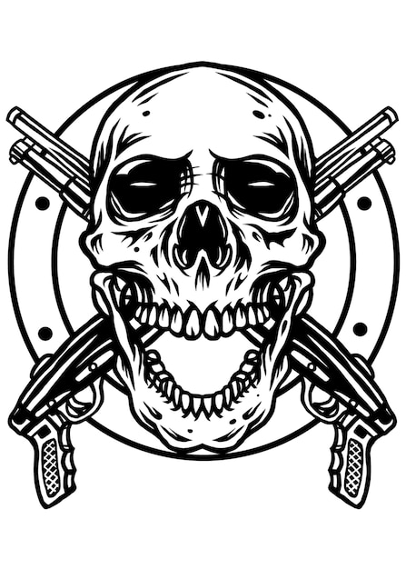 Menacing Skull with Crossed Handguns in Vintage Emblem | Jiffy Designs