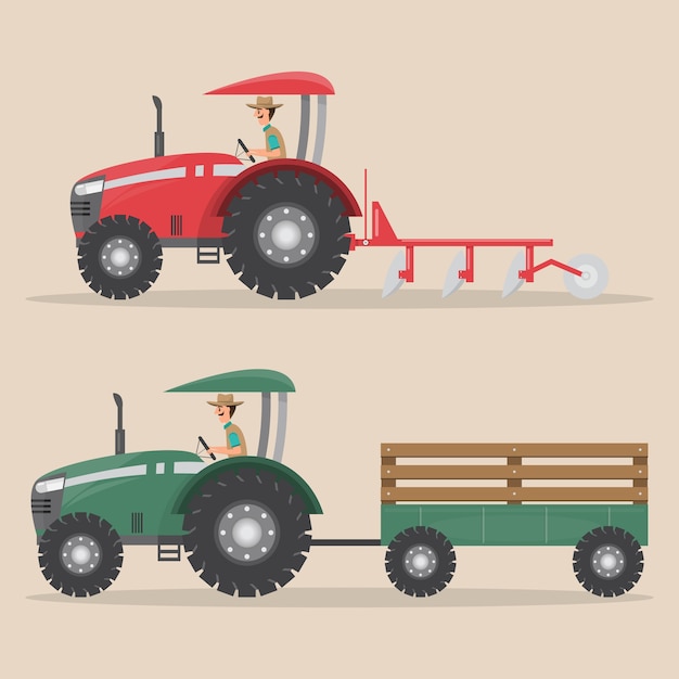 Vintage-Style Tractors with Attached Farm Machinery Illustrations ...