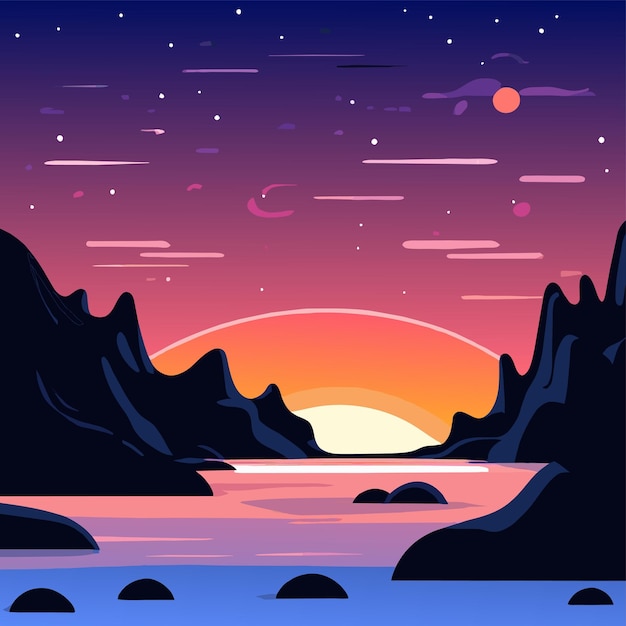Serene Sunset Landscape with Shooting Stars | Jiffy Designs