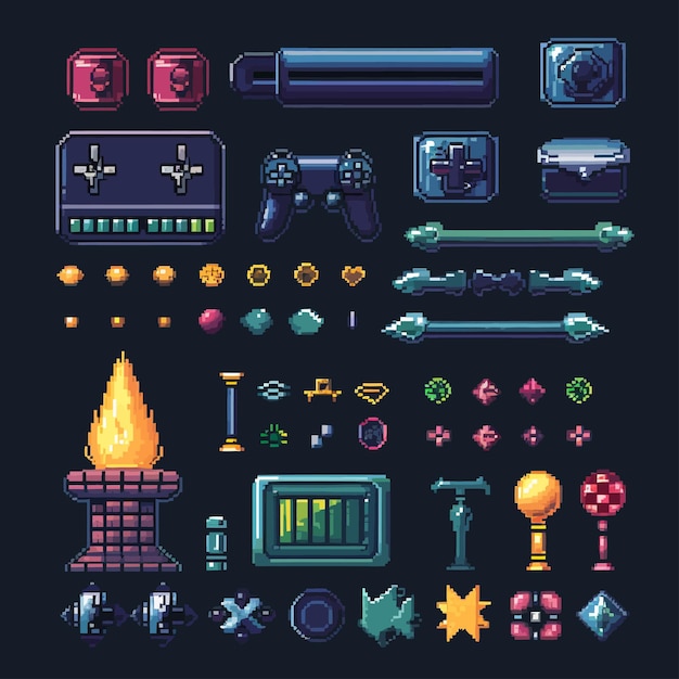 Vibrant Pixel Art Collection of Gaming Icons and Elements | Jiffy Designs