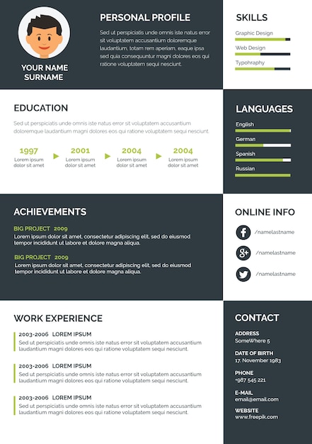 Illustrated Professional Resume Template with Personal Profile and ...