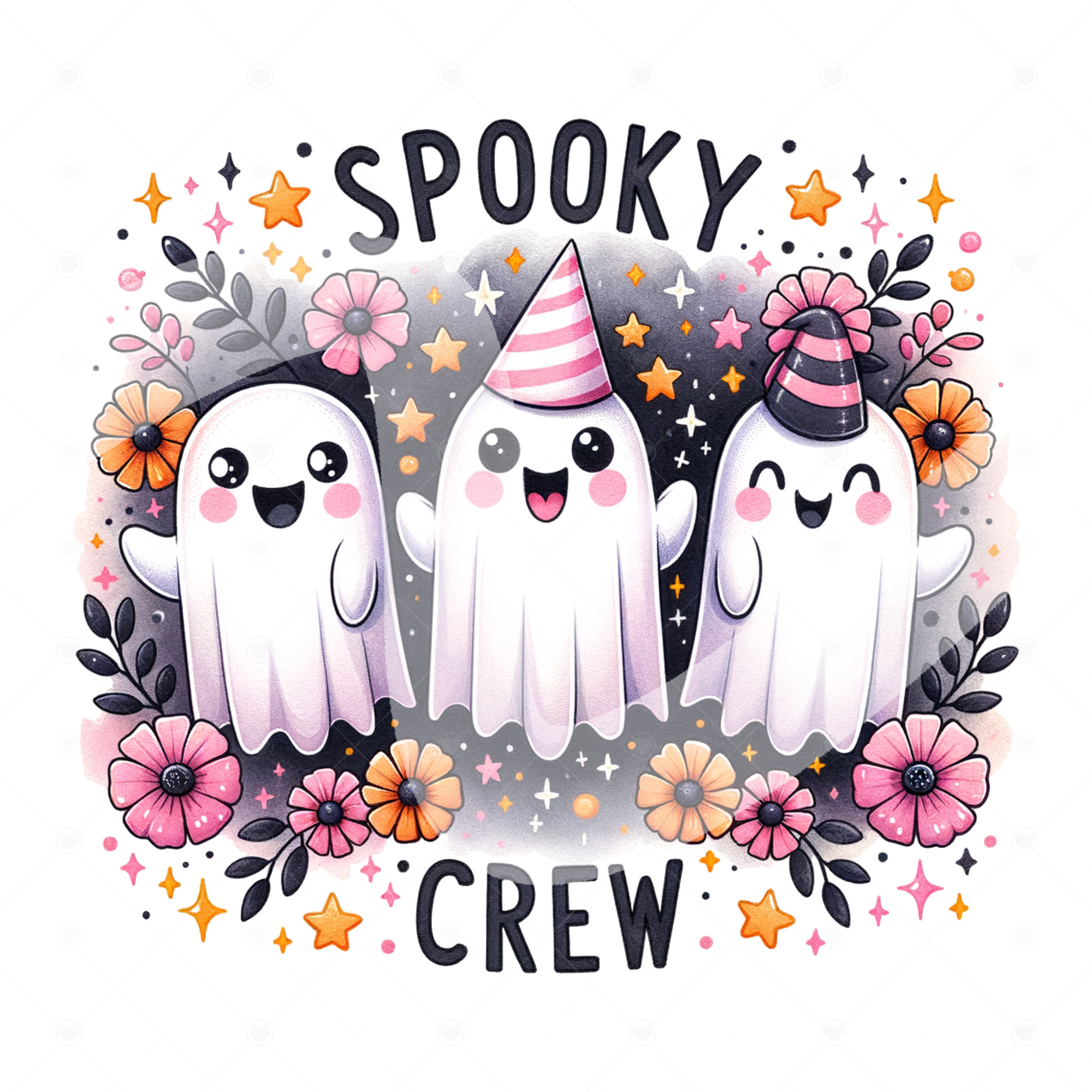 'Spooky Crew' Adorable Ghost Trio Surrounded by Whimsical Floral ...