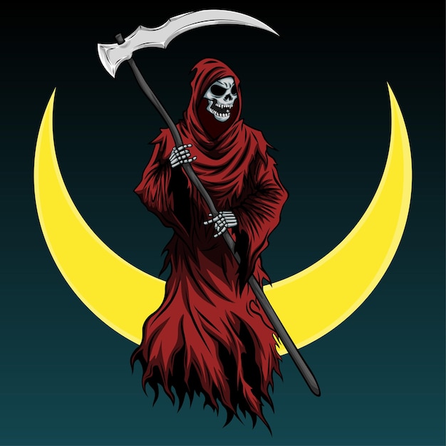 Crimson Harbinger of Fate: Grim Reaper Under Crescent Moon | Jiffy Designs