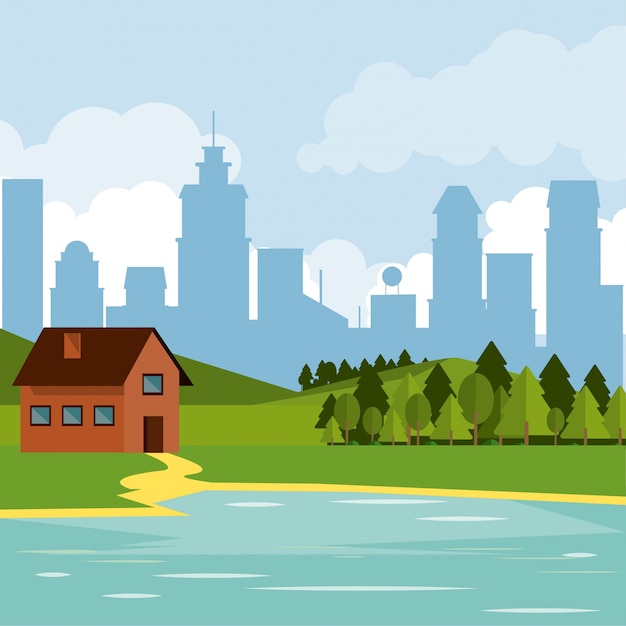 Serene Countryside Cabin with City Skyline Backdrop | Jiffy Designs
