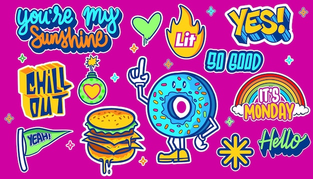 Vibrant Pop Art Doodles: Whimsical Symbols and Uplifting Phrases ...