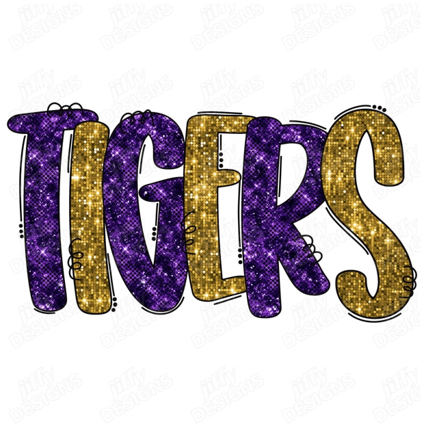 'Tigers' Sparkling Purple and Gold Lettering with Disco Ball Texture ...
