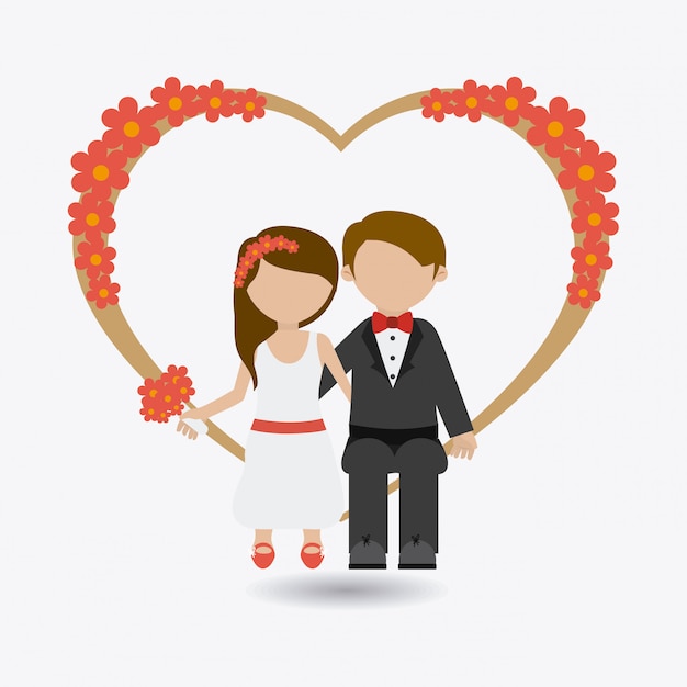 Stylized Wedding Couple in Floral Heart Frame Illustration | Jiffy Designs