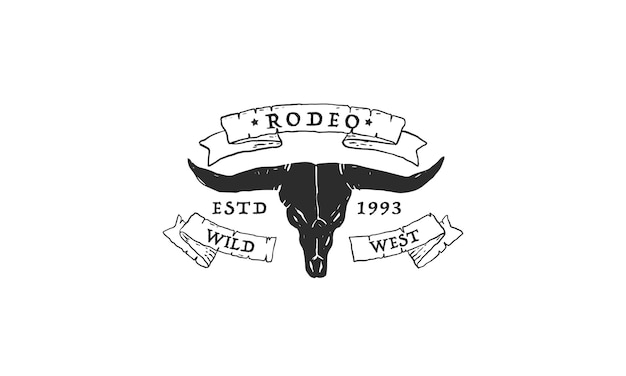Vintage Rodeo Emblem with Longhorn Skull and Ribbon Banners | Jiffy Designs