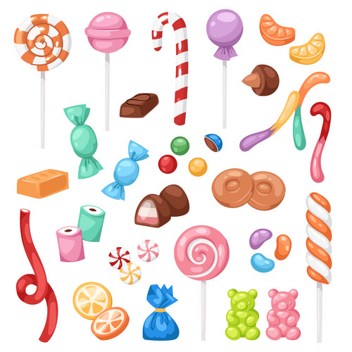 Sweet Candies Flat Icons Set. Sweetmeats, Lollipops And Assorted ...