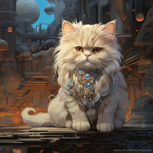 Enchanted Feline Guardian Amid Mystical Ruins and Glowing Orbs | Jiffy ...