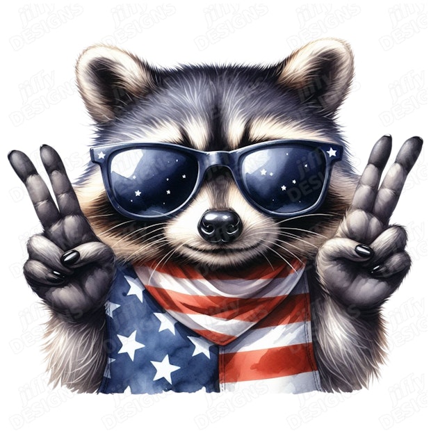 Patriotic Raccoon Flashing Peace Signs with Sunglasses and American ...