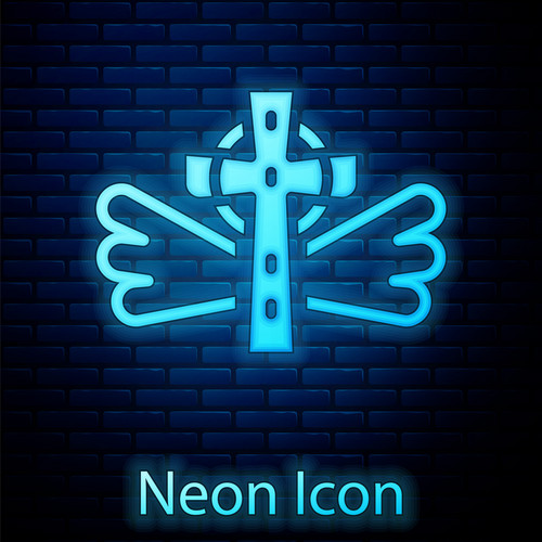 Glowing Neon Christian Cross Icon Isolated On Brick Wall Background ...