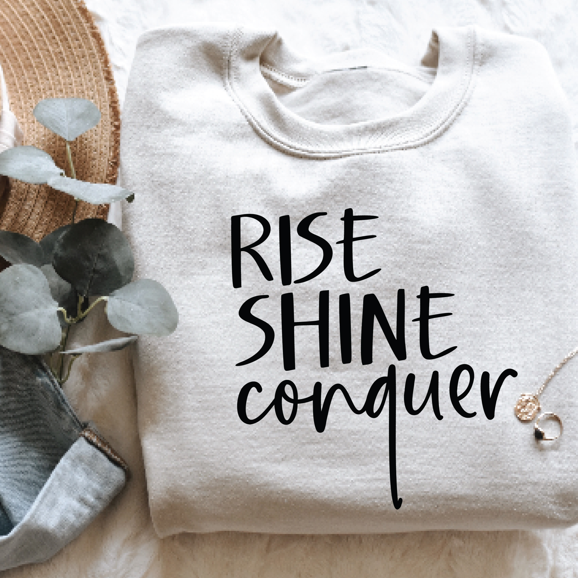 'Rise Shine Conquer' Bold Brushstroke Typography in Striking Black and ...
