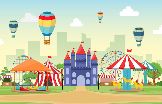 Vibrant Amusement Park with Colorful Attractions and Balloons | Jiffy ...