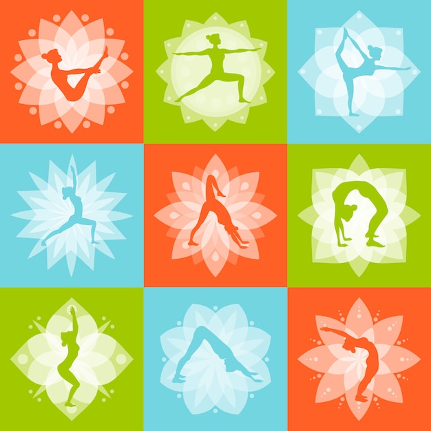 Vibrant Yoga Poses Silhouettes in Geometric Frames | Jiffy Designs