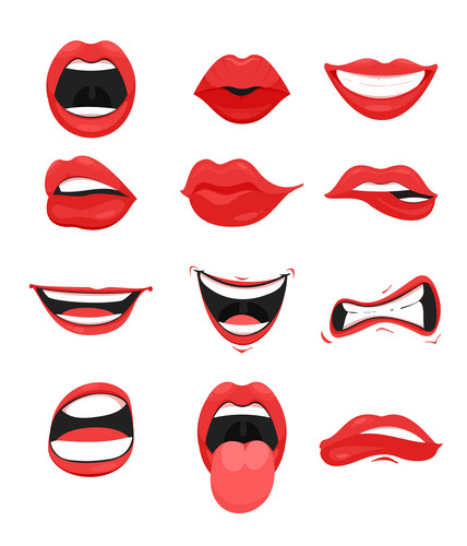 Vector Illustration Set Of Cute Mouth With Red Lips Expressions Facial ...