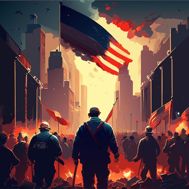 Patriotic Uprising: A City in Turmoil Amid Waving Flags | Jiffy Designs