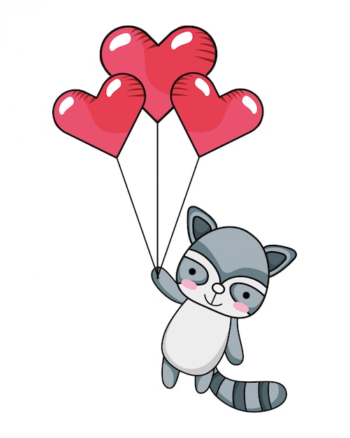 Adorable Raccoon Holding Heart-Shaped Balloons Vector Illustration ...