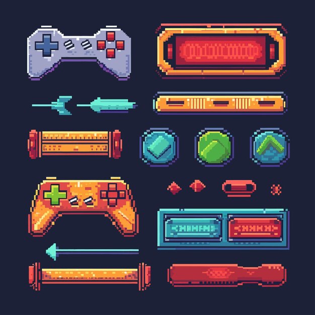 Retro Gaming Collection of Iconic Pixel Art Controllers and Buttons ...