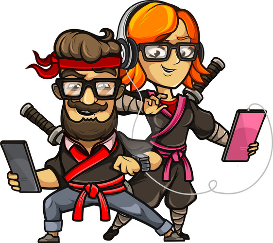Hipster Girl And Guy In A Ninja Costume Without A Mask With Weapons And ...