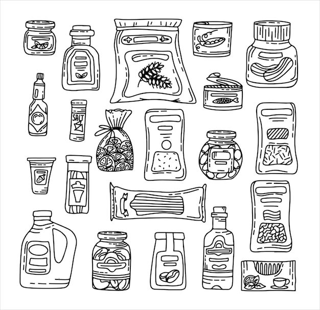 Assortment of Everyday Kitchen and Pantry Essentials in Sketch Style ...