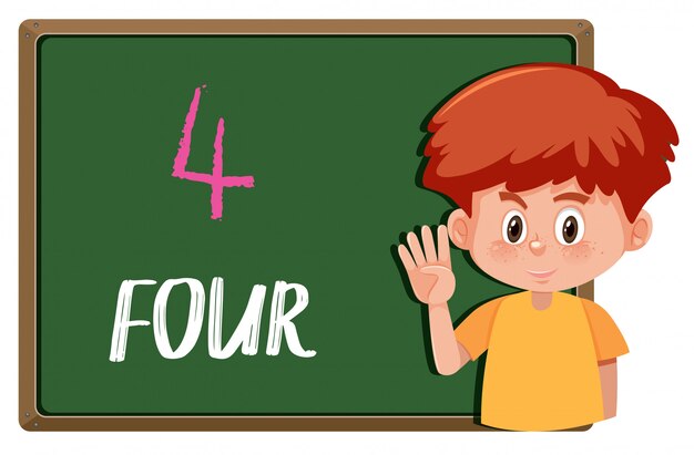 Boy Learning Numbers by Chalkboard with Illustrated Four | Jiffy Designs